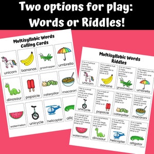 Multisyllabic Words Bingo Game With Riddles Printable Speech Therapy ...