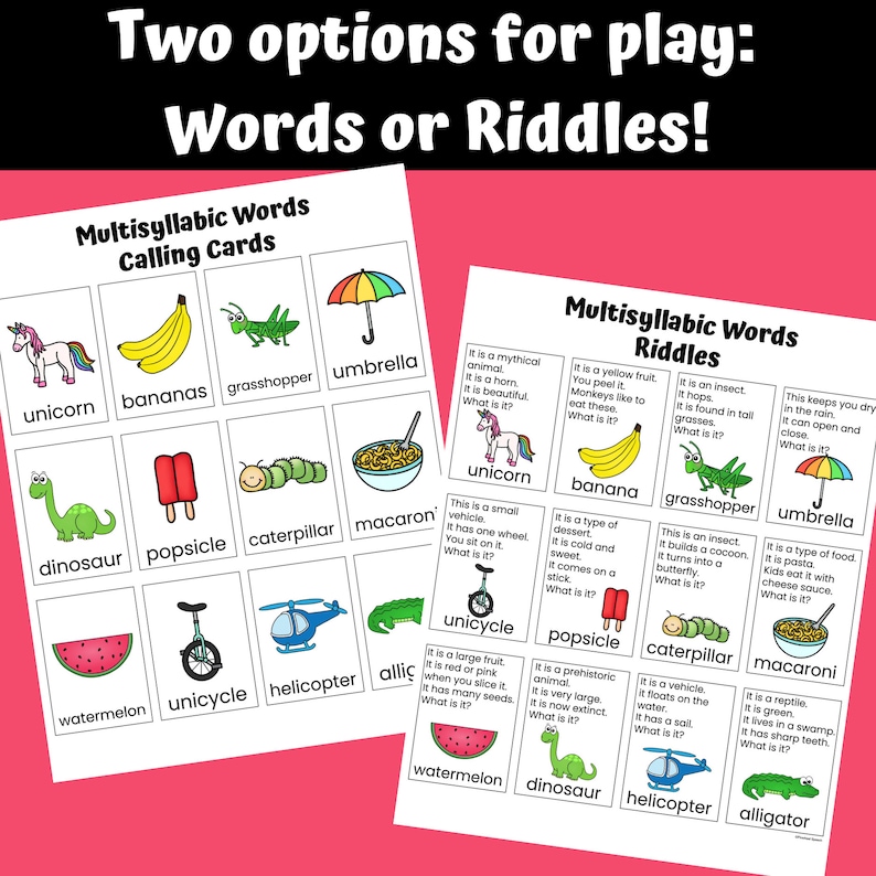 Multisyllabic Words Bingo Game With Riddles Printable Speech Therapy ...