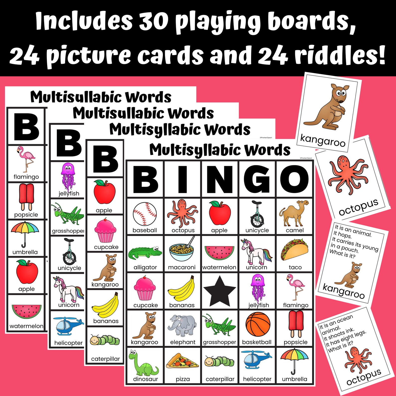 Multisyllabic Words Bingo Game With Riddles Printable Speech Therapy ...