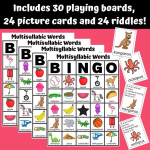 Multisyllabic Words Bingo Game With Riddles Printable Speech Therapy ...