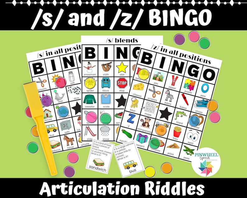 S, Z, and S Blends Articulation BINGO Riddles Printable Speech Therapy ...