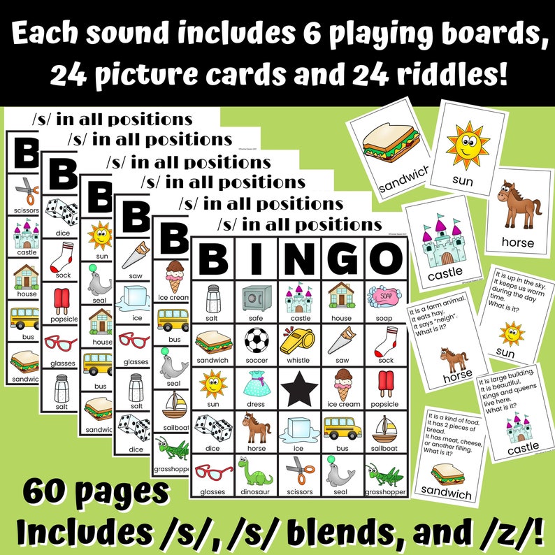 S, Z, and S Blends Articulation BINGO Riddles Printable Speech Therapy ...