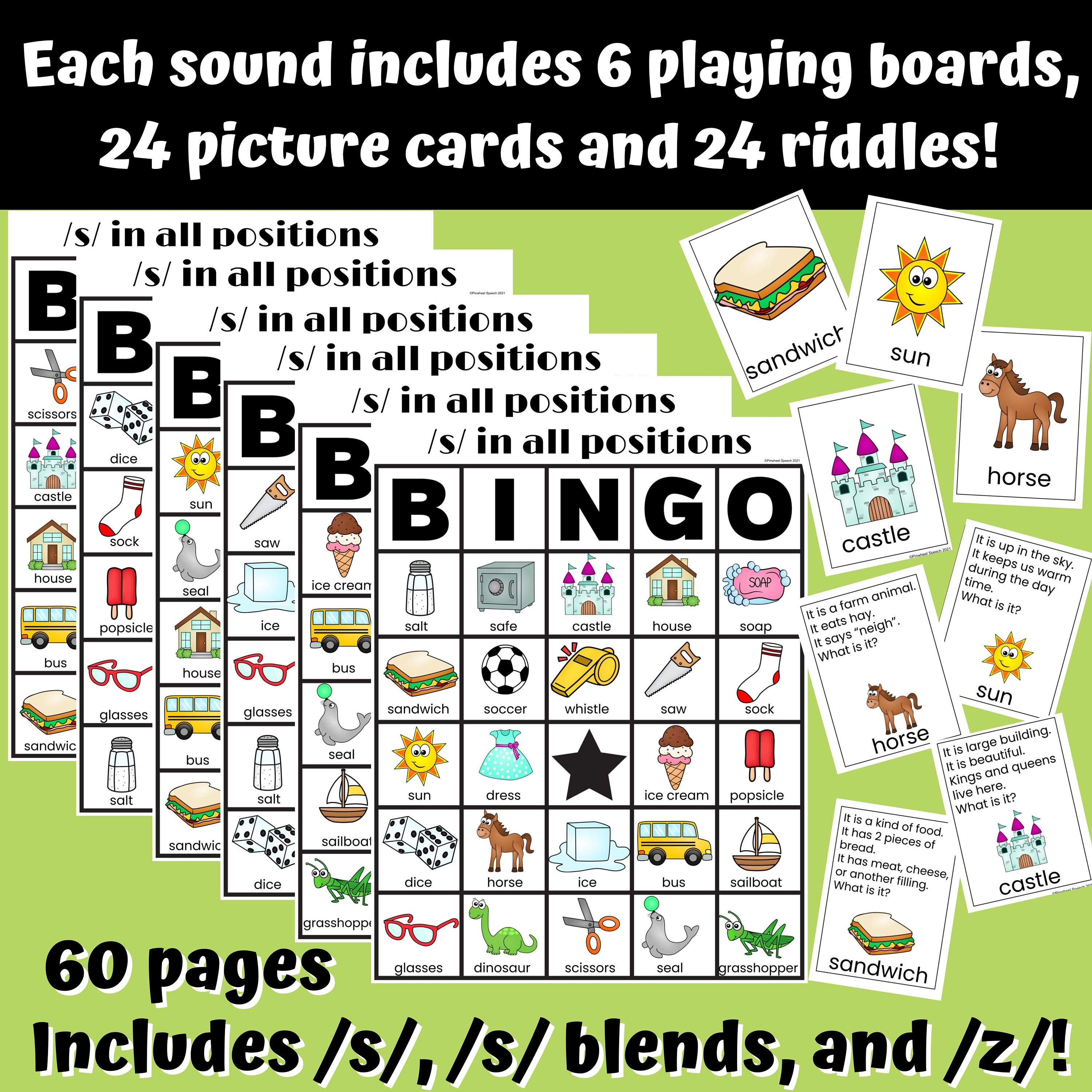 S, Z, and S Blends Articulation BINGO Riddles Printable Speech Therapy ...