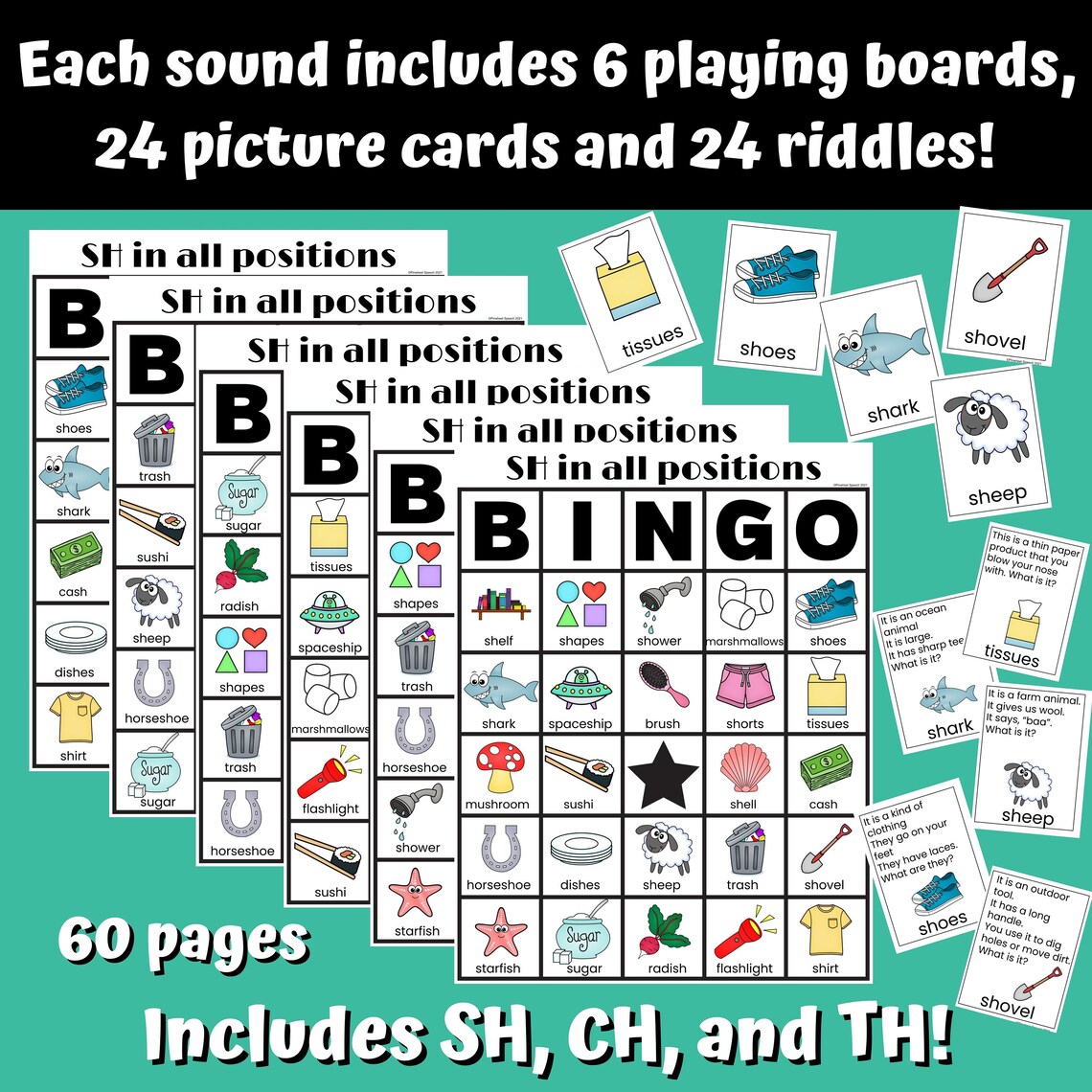 SH, CH, & TH Articulation Bingo Games With Riddles Printable Speech ...