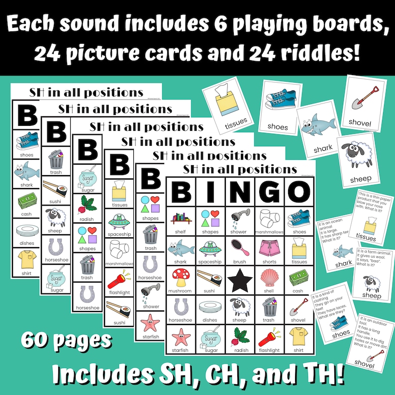 SH, CH, & TH Articulation Bingo Games With Riddles Printable Speech ...