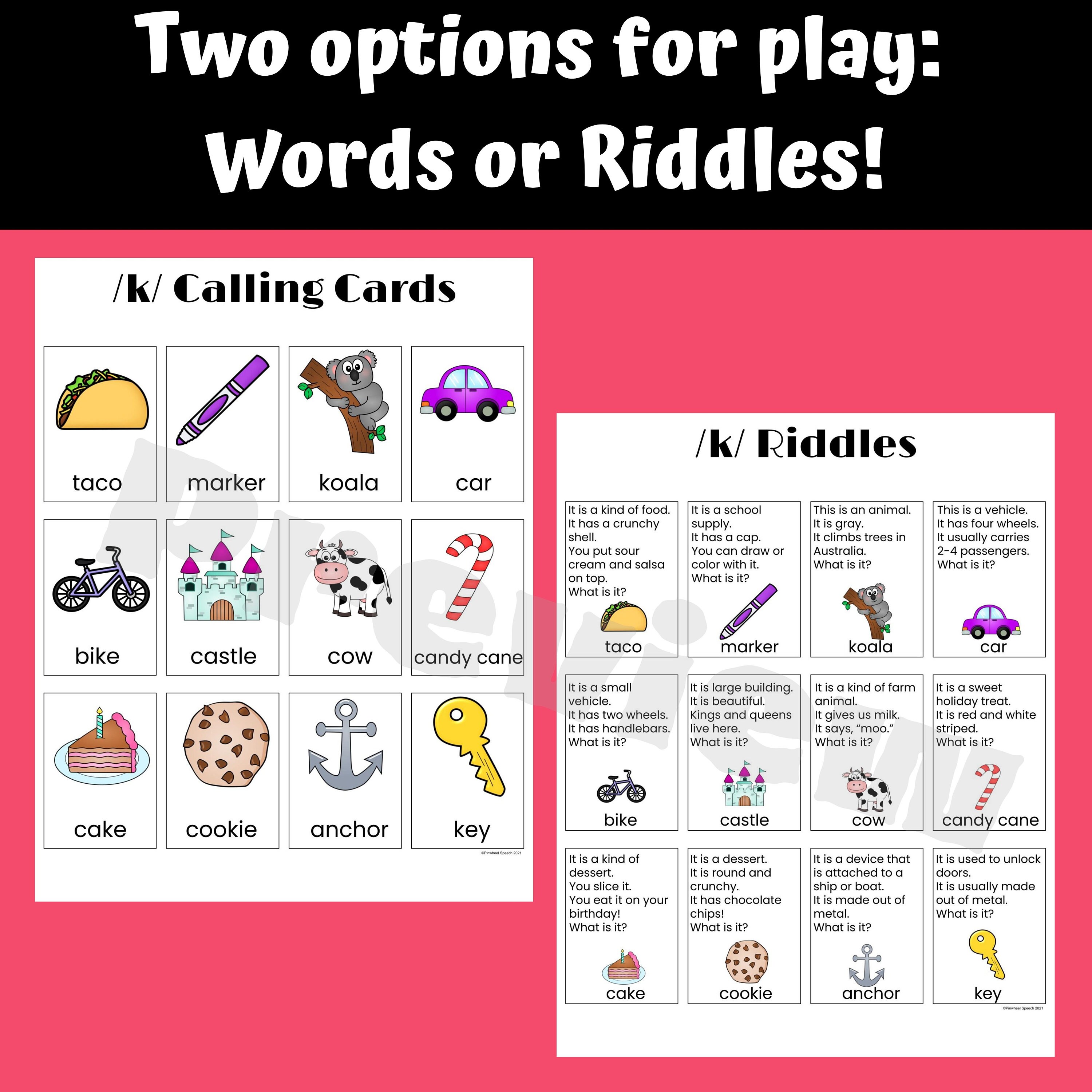 K and G Articulation BINGO Riddles Speech Therapy Printable Activity ...