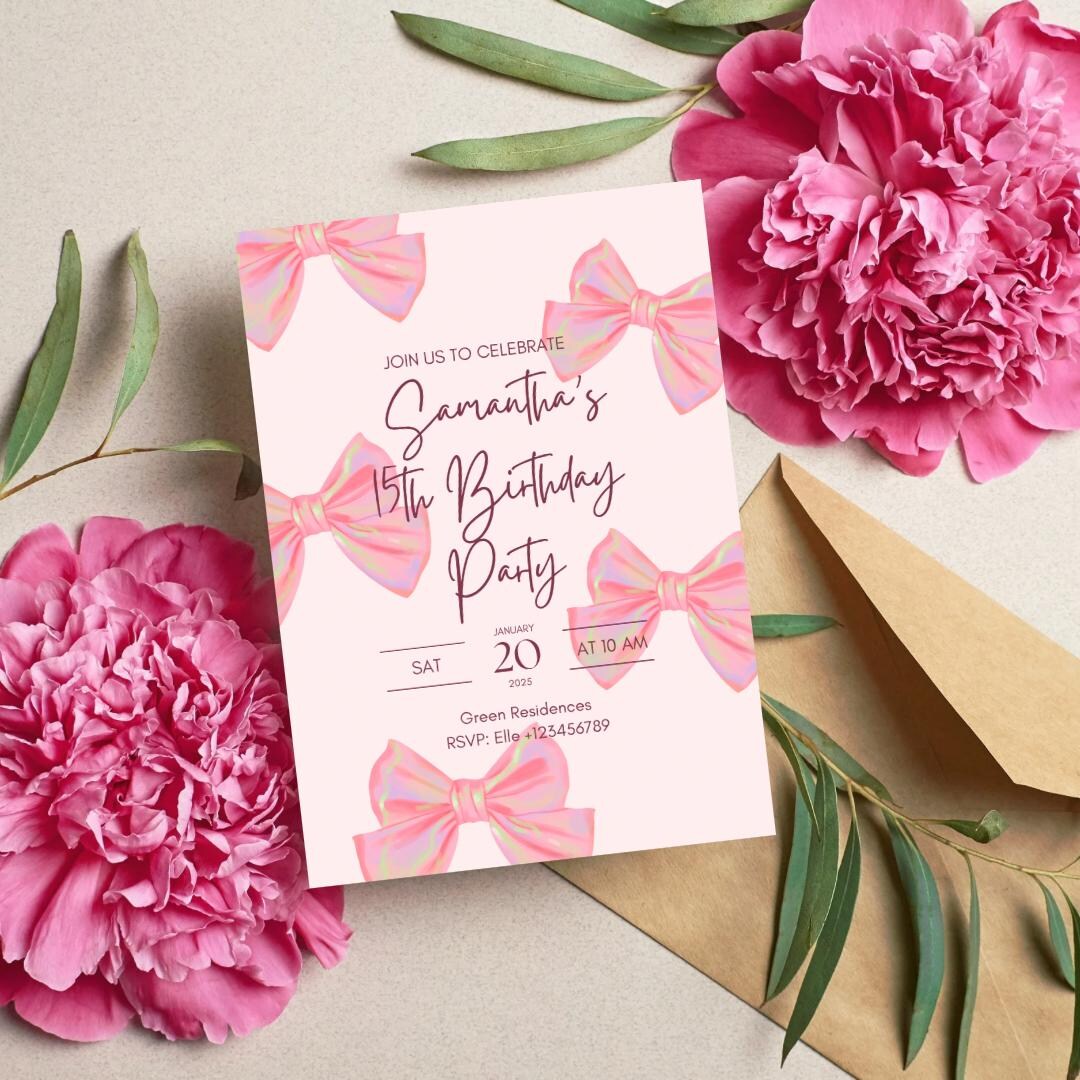 Pink Ribbon Invitation Template, Digital Bow Invitation Editable ...