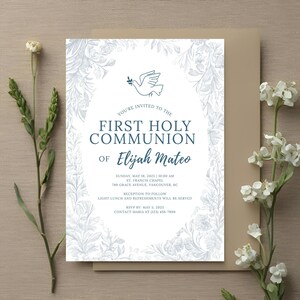Vintage Blue Floral First Holy Communion Invitation: Editable Template ...
