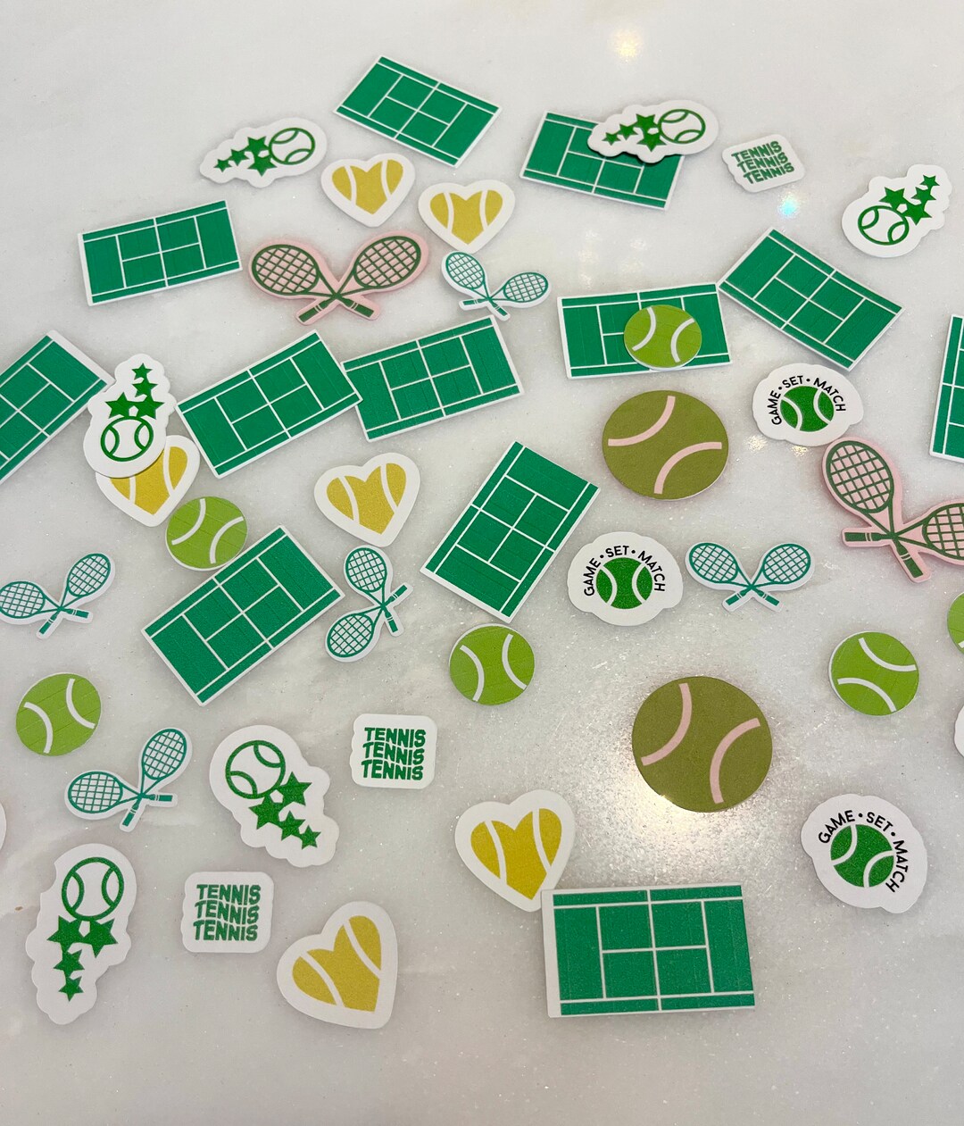 Handmade Tennis Party Confetti: Courts, Balls, Rackets - 65 Piece Set ...