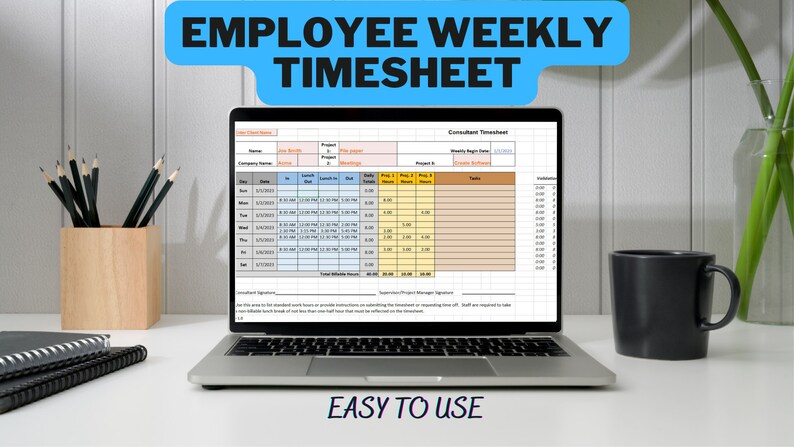 Weekly Excel Timesheet Template Automated Calculations Customizable ...