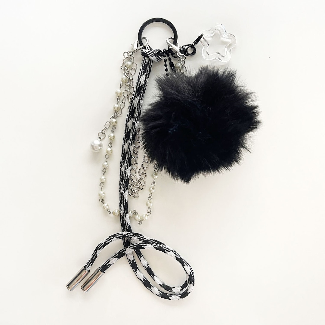 Y2K Fuzzy Pom-pom Keychain With Beaded Chain & Paracord Bracelet ...