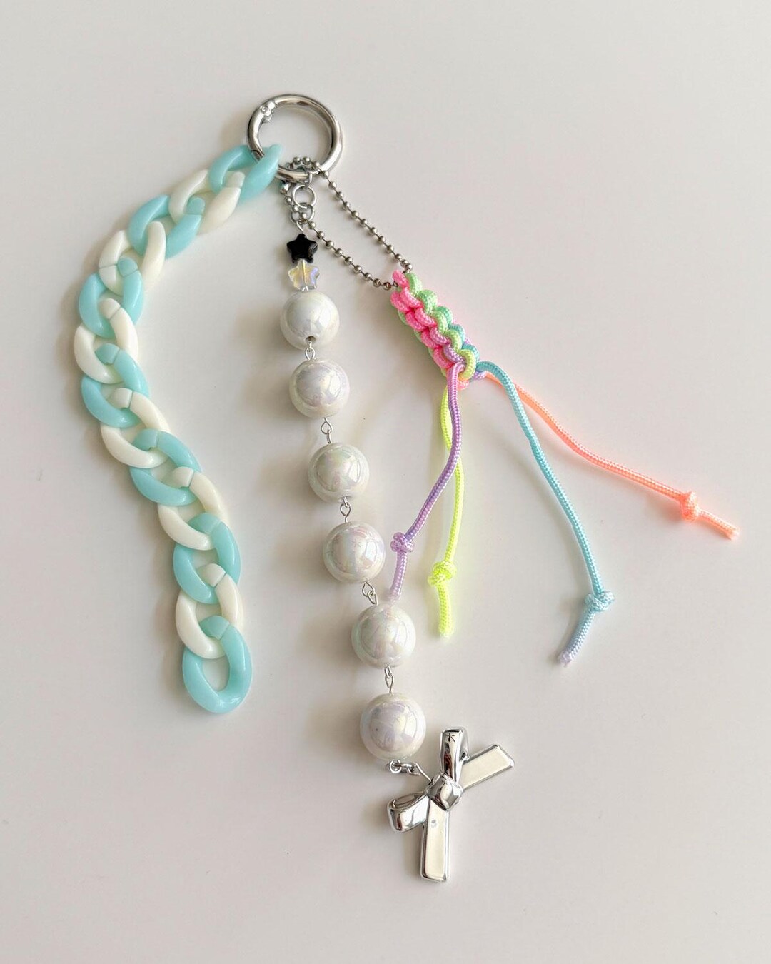 Y2K Pastel Keychain: Chunky Acrylic Chain, Glass Bead, Silver Bow - Etsy