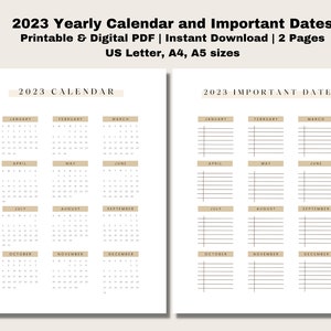 PRINTABLE Simple 2023 Yearly Calendar 2023 Important Dates Minimalist ...