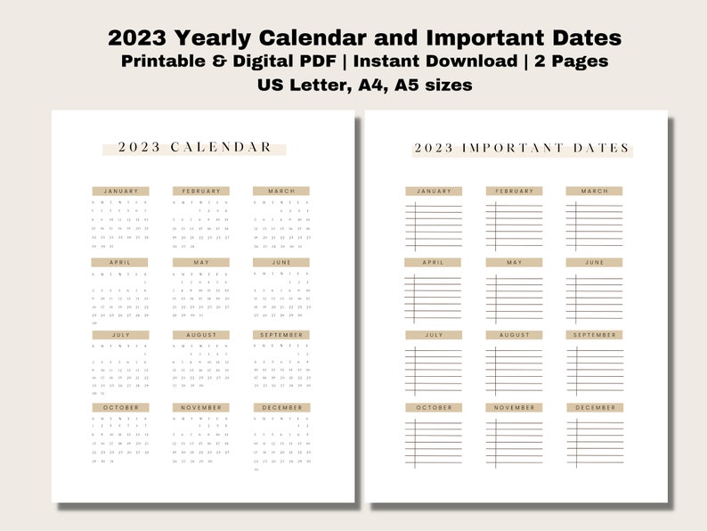 PRINTABLE Simple 2023 Yearly Calendar | 2023 Important Dates ...