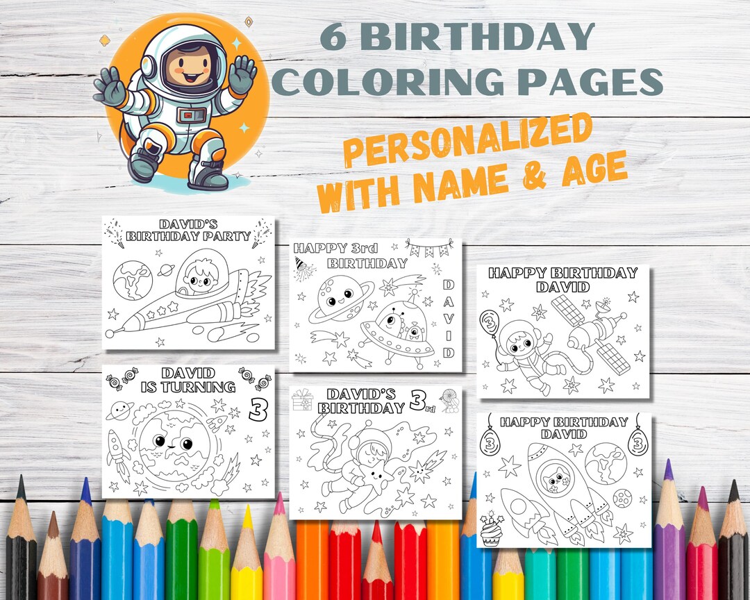 6 Customizable Birthday Coloring Page for Kids, Space Coloring Pages ...