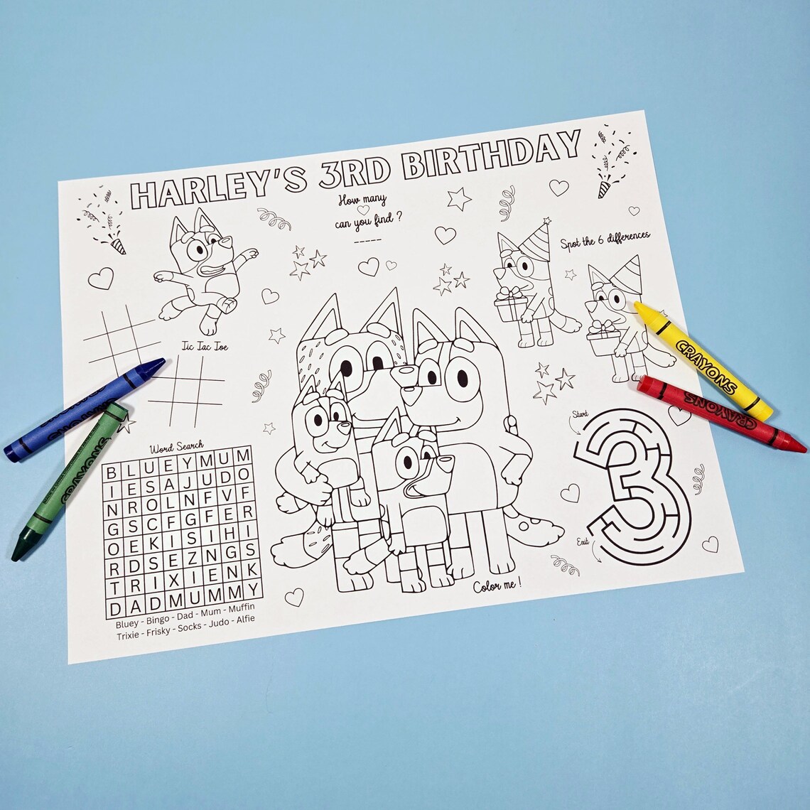 Custom Bluey Birthday Coloring Placemat : Personalized Party Activity ...