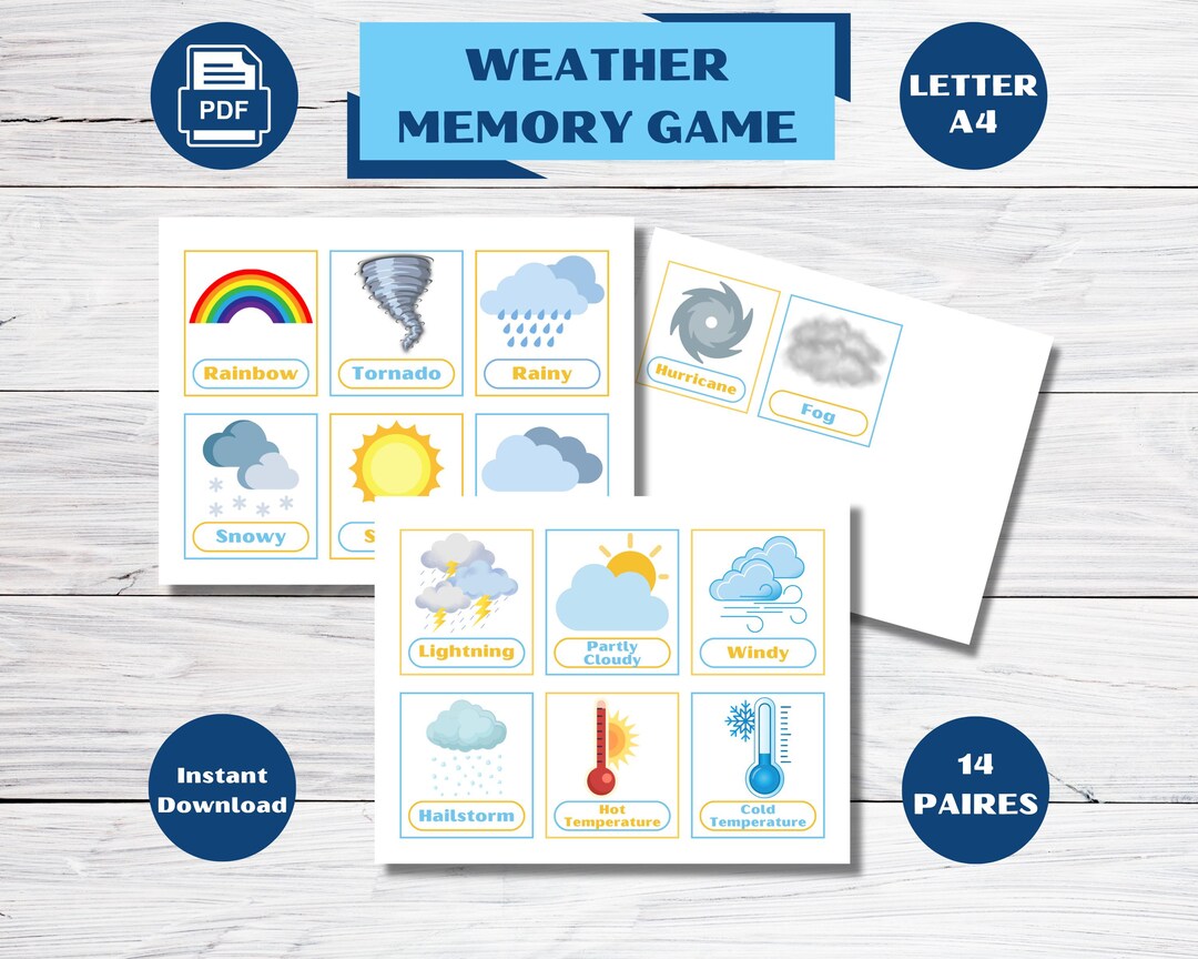 Weather Memory Game for Kids, Weather Matching Activity, Matching Games ...