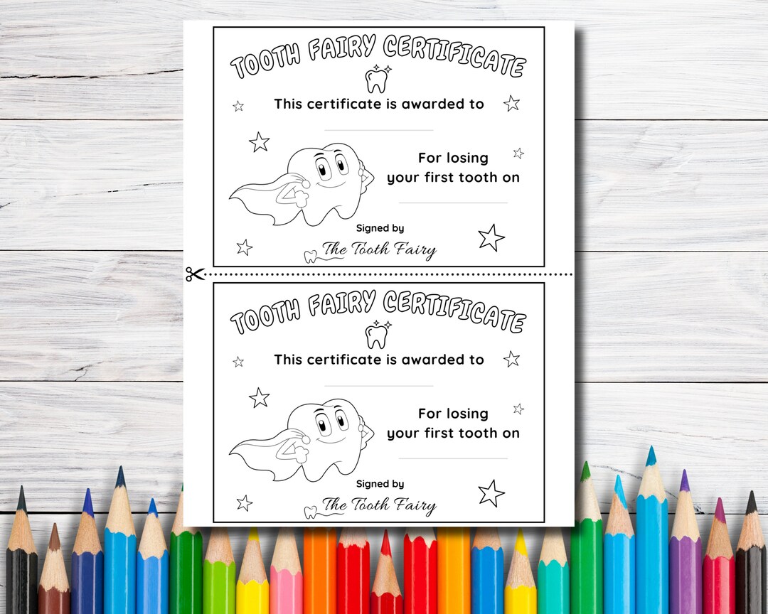 Tooth Fairy Certificate to Color : First Lost Tooth Award (PDF) - Etsy