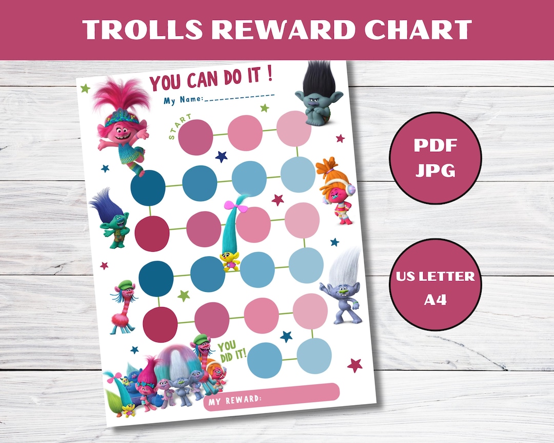 Trolls Reward Chart, Printable Reward Chart, Kids Routine Chart, Daily ...