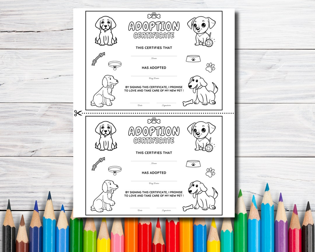 2 Dog Adoption Certificates to Color, Printable Coloring Pages, Puppy ...