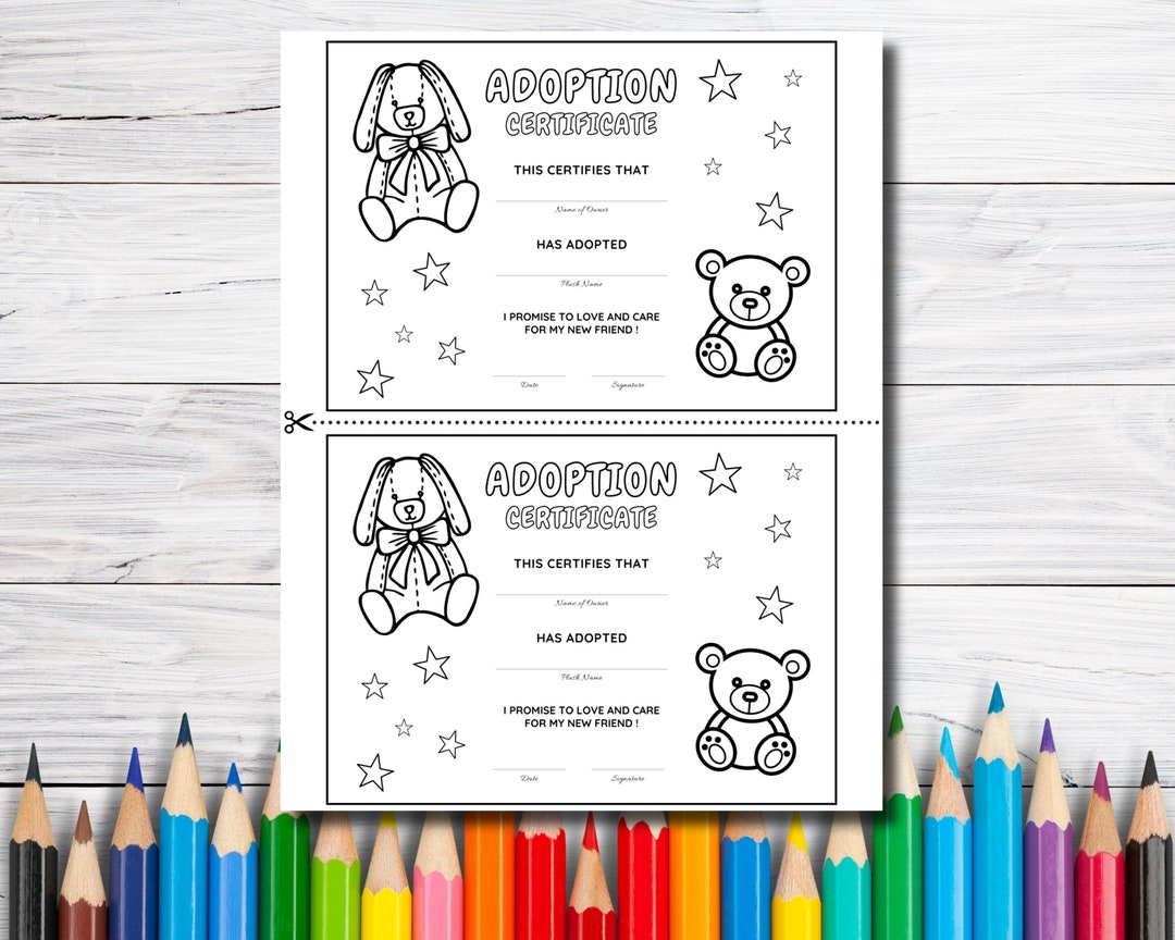 2 Plush Adoption Certificates to Color, Printable Coloring Pages ...