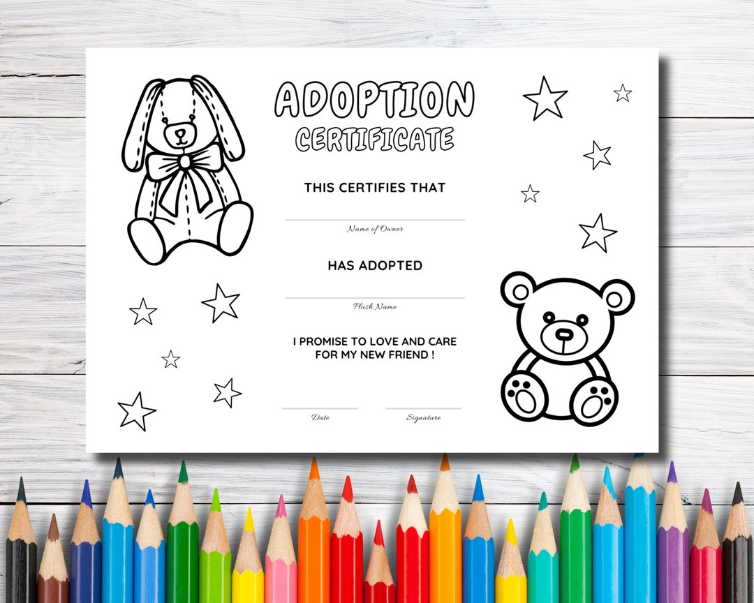 Plush Adoption Certificate Coloring Pages : Stuffed Animal Gift (PDF ...