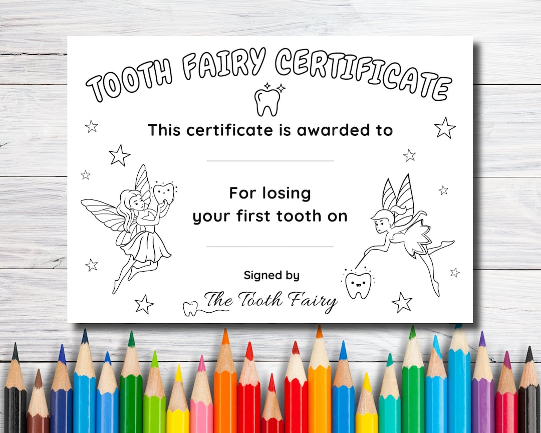 Tooth Fairy Certificate to Color, First Lost Tooth Certificate to Color ...