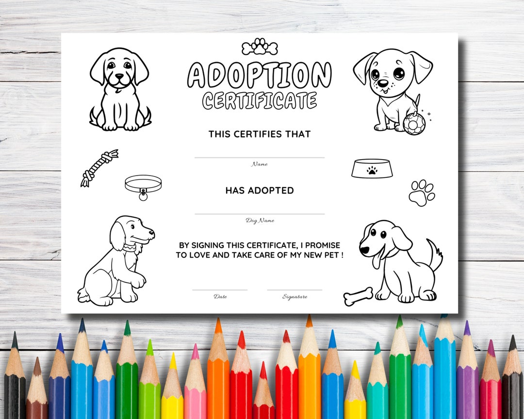 Dog Adoption Certificate Coloring Page : Puppy Party Printable (PDF) - Etsy