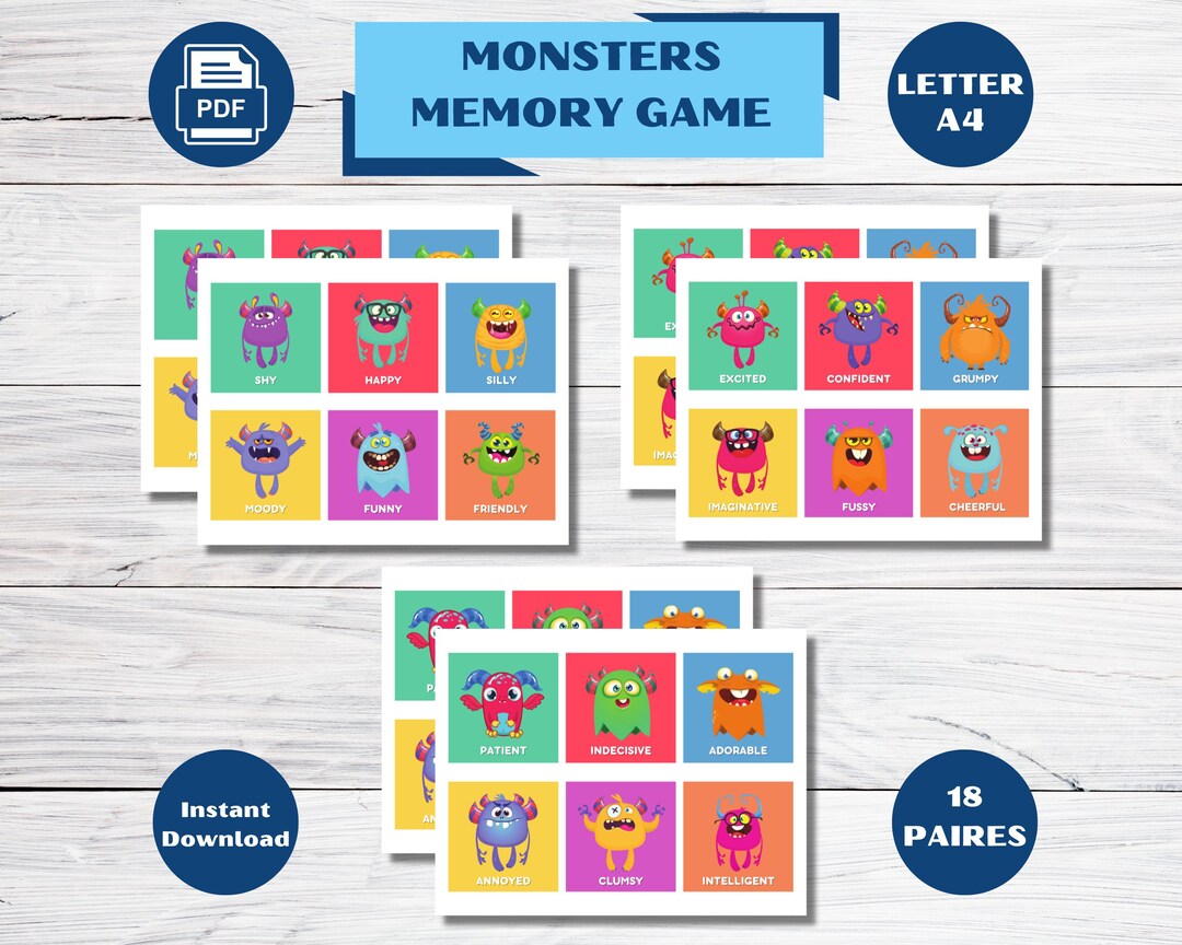 Monsters Memory Game for Kids, Monsters Matching Activity, Matching ...
