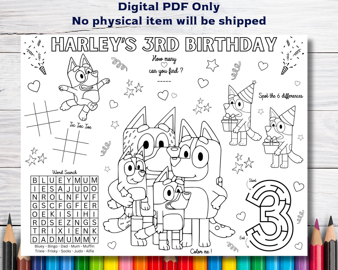 Custom Bluey Birthday Coloring Placemat : Personalized Party Activity ...
