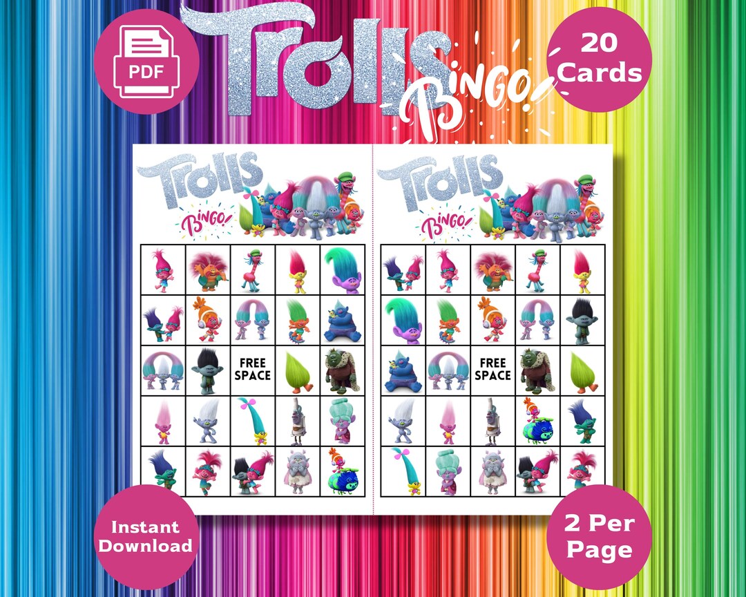 20 Trolls Printable Bingo Cards for Kids, Bingo Cards Printable, Bingo ...