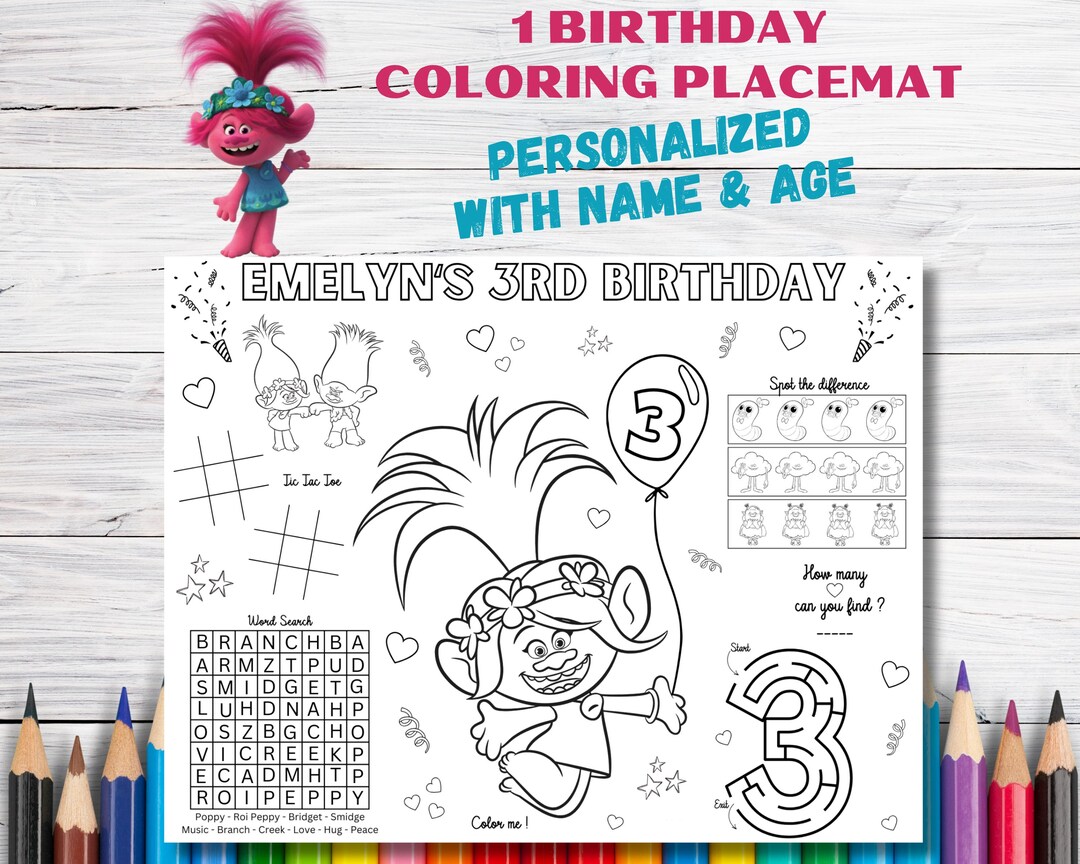 Custom Trolls Birthday Coloring Placemat : Personalized Party Activity ...