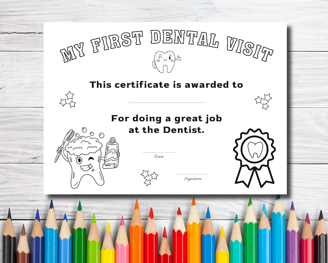 First Dental Visit Certificate to Color, Reward for Dentist Visit ...