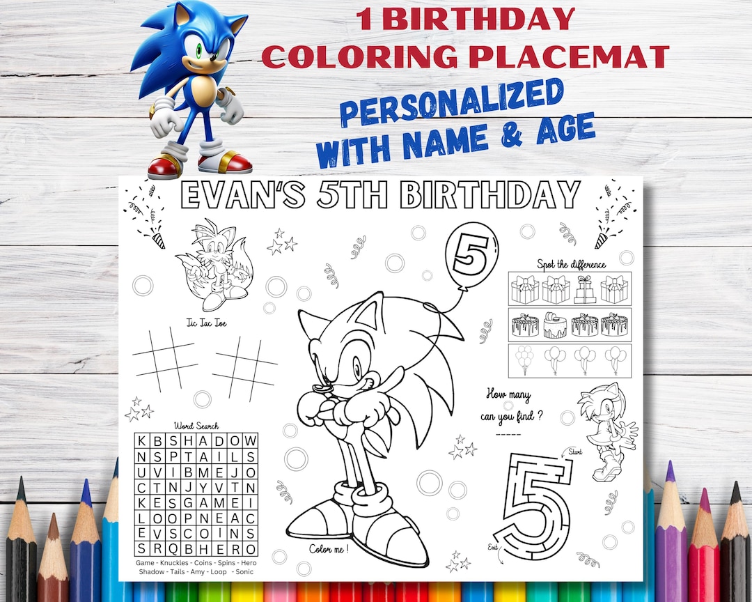 Customizable Sonic Birthday Coloring Placemat, Birthday Coloring Pages ...