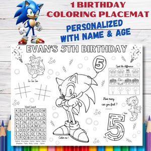Customizable Sonic Birthday Coloring Placemat, Birthday Coloring Pages ...