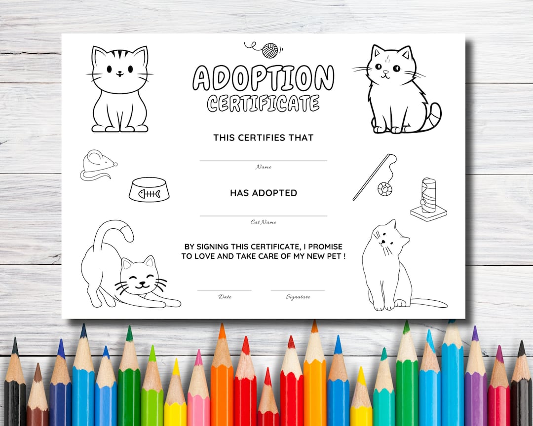 Cat Adoption Certificate to Color, Printable Coloring Pages, Kitten ...
