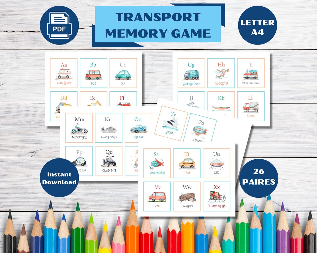 Transport Memory Game for Kids, Alphabet Matching Activity, Matching ...