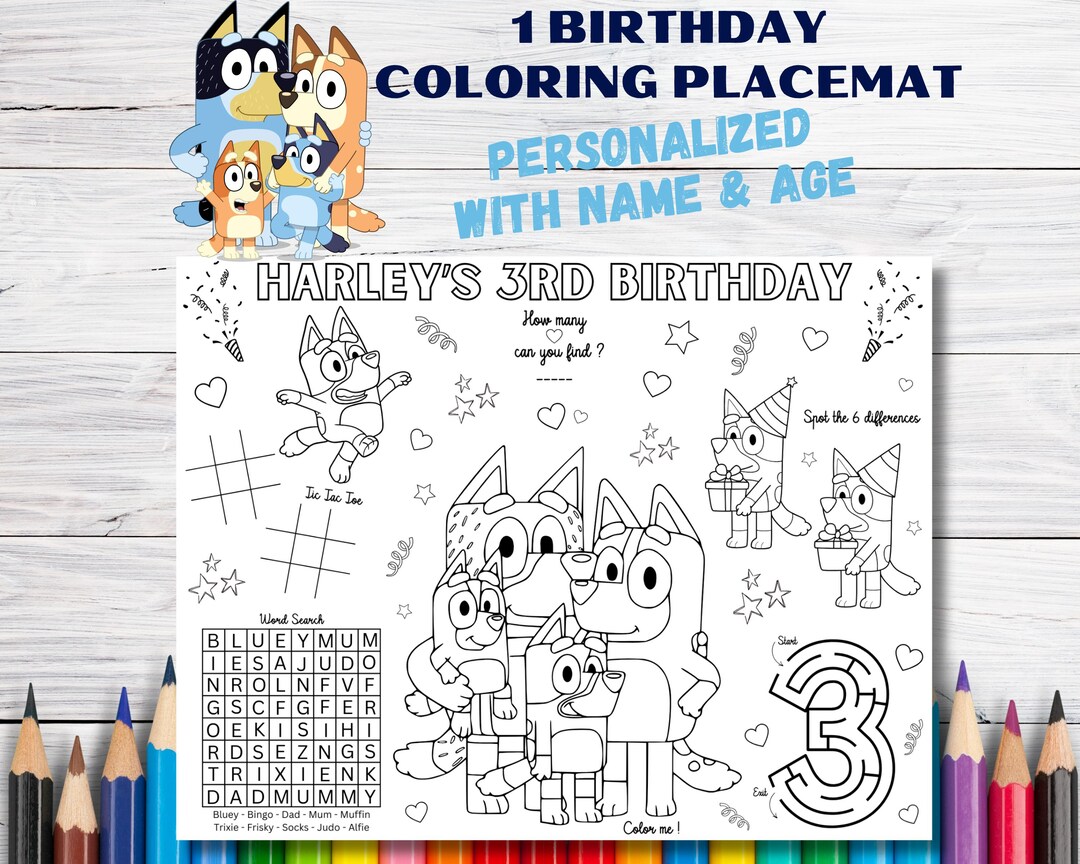 Customizable Bluey Birthday Coloring Placemat, Birthday Coloring Pages ...