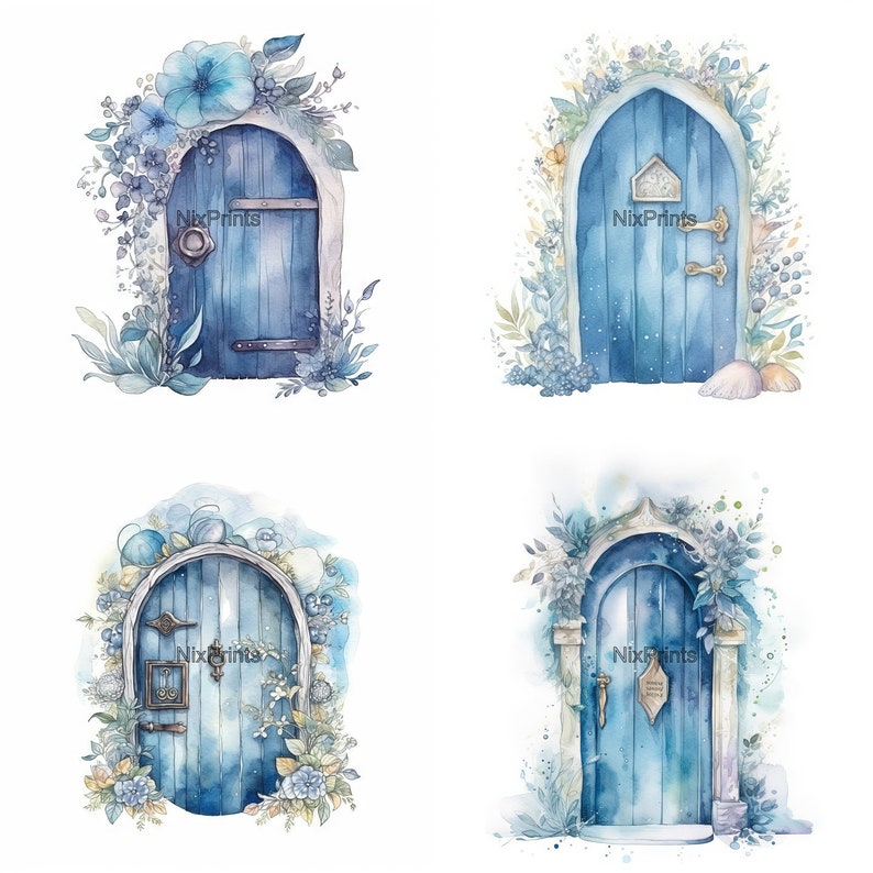 Mystical Blue Fairy Door Watercolor Clipart - Gateway to Magical Realms ...