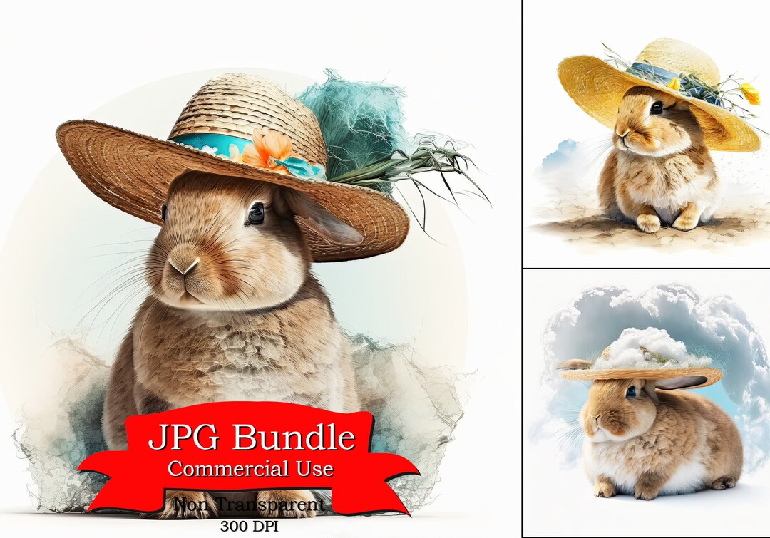 Cute Rabbit Wearing Straw Hat Clipart:adorable Bunny, Cloud-shaped Hat ...