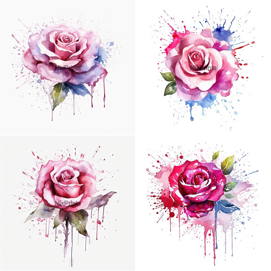 Rose Paint Splash Watercolor Digital Clipart Digital Paper Crafting ...