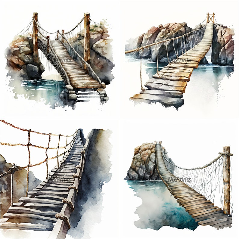 Rope Bridge Watercolor Clipart, Scenic Landscape Art, Digital Download ...