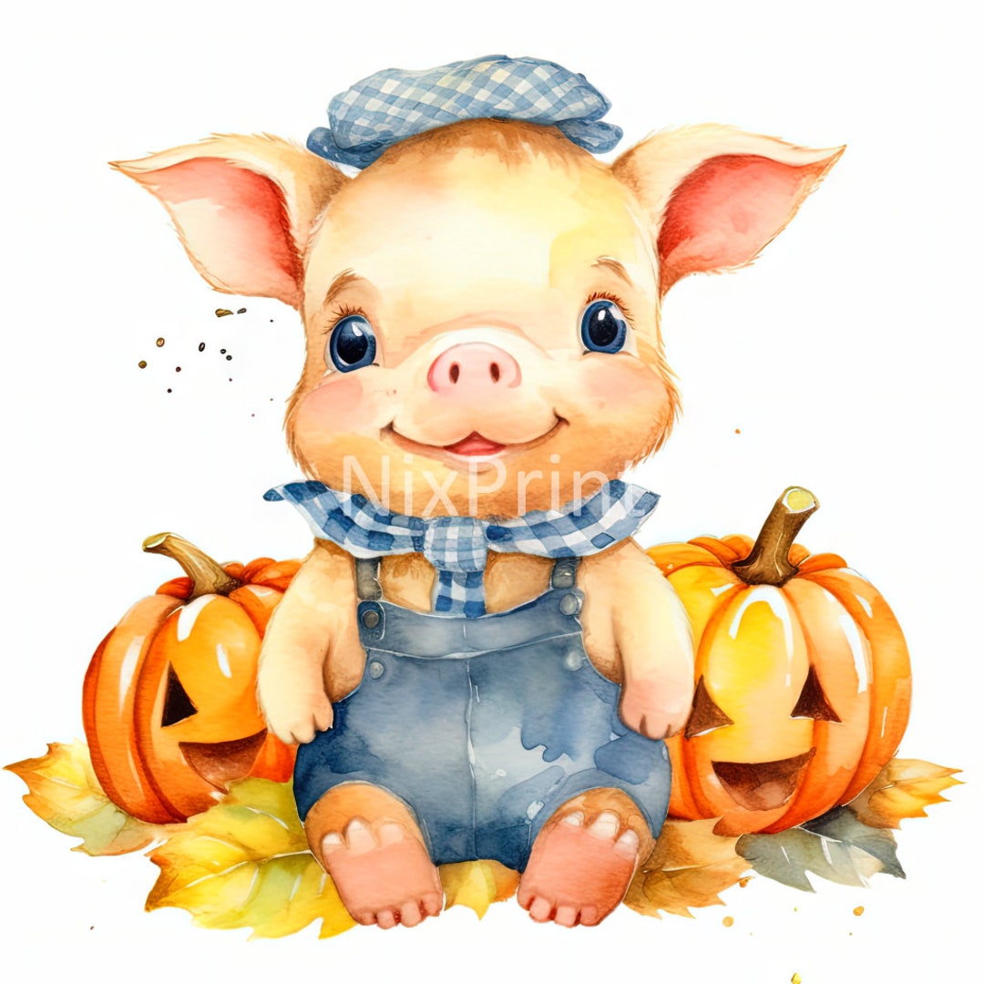 Pig Pumpkin Patch Watercolor Clipart, Pumpkin Clipart, Halloween, Wall ...