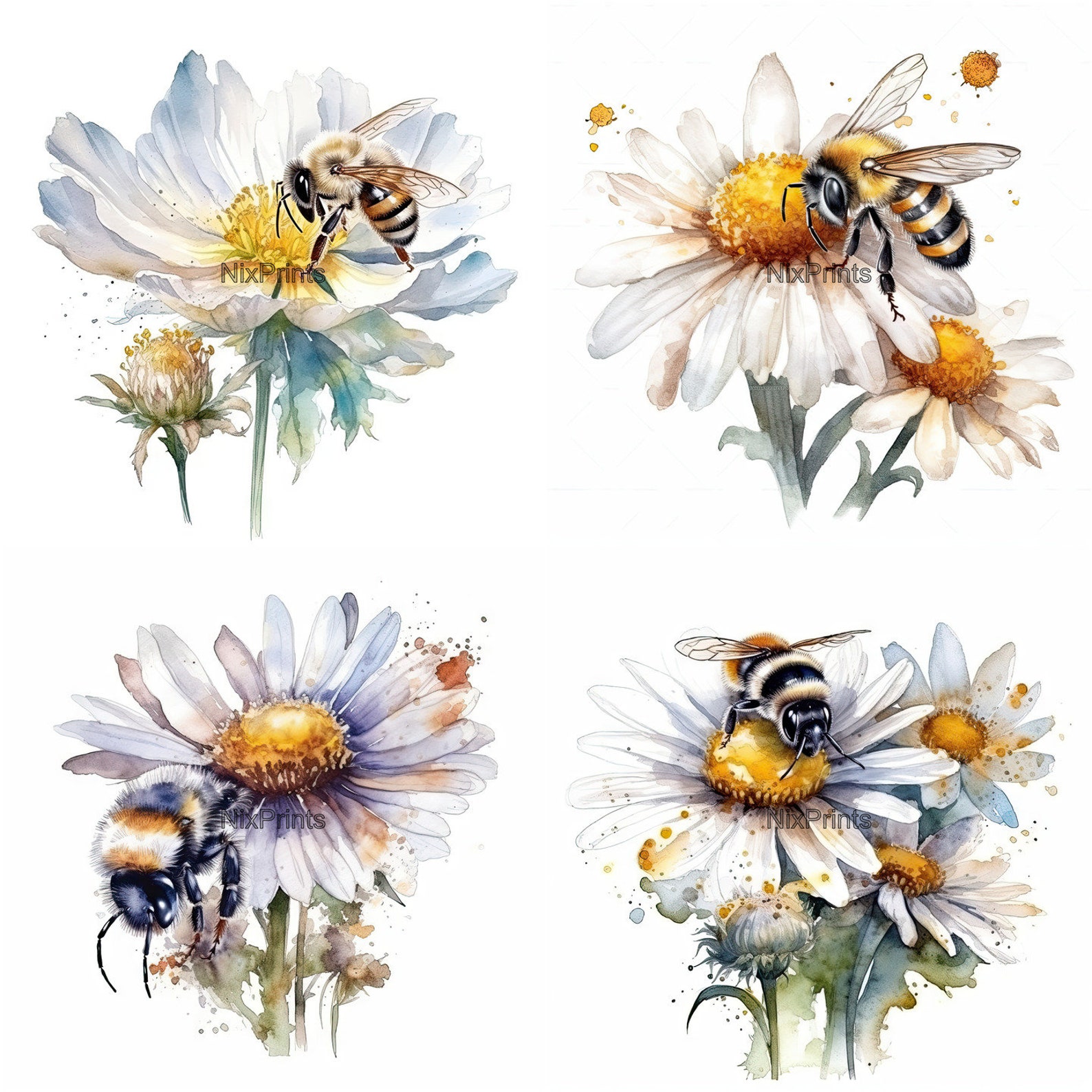 Bee on Flower Meadow: Detailed, Vibrant Watercolor Clipart, Nature ...