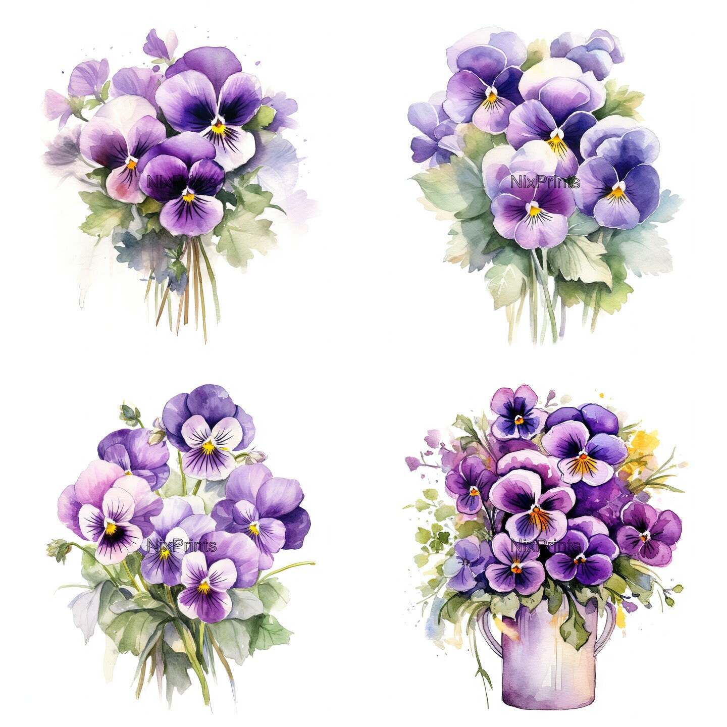 Viola Flower Bouquet Clipart Watercolor Art Digital Paper - Etsy