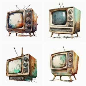 Vintage TV Watercolor Clipart, Retro Television Art, Digital Download ...