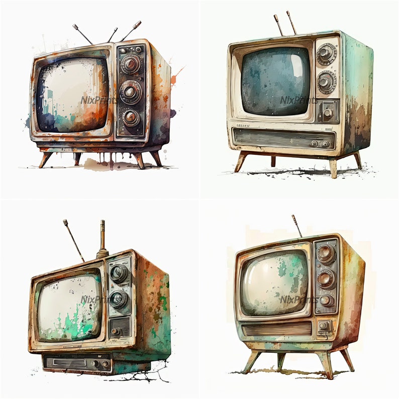 Vintage TV Watercolor Clipart Retro Television Art Digital - Etsy