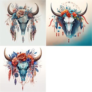 Longhorn Bull Skull ,watercolor Clipart of Native American Stylized ...