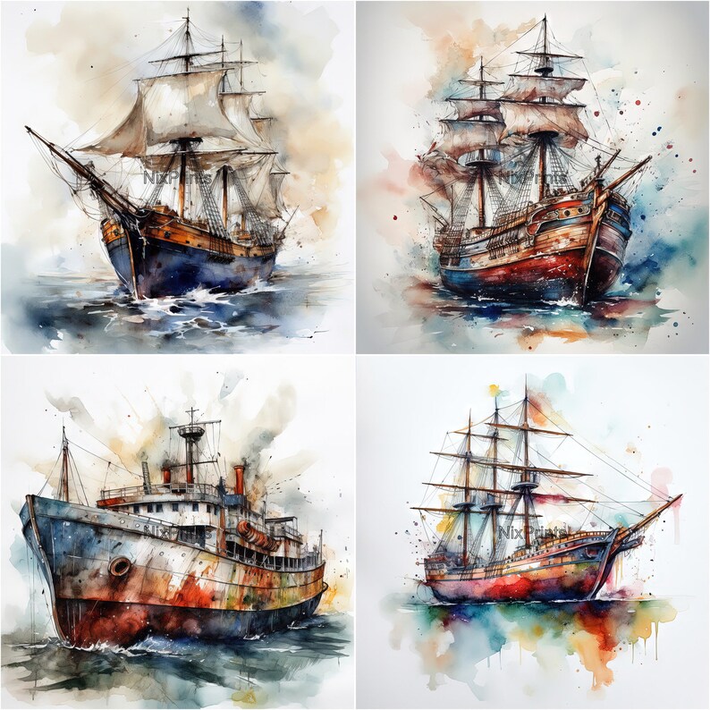 Ship Boat Watercolor Art Clipart Nautical Journey Vibrant - Etsy