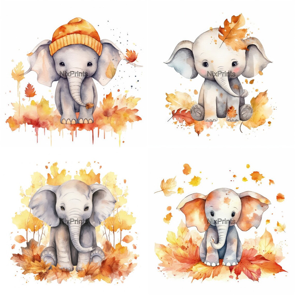 Cute Elephant Fall Foliage Fall Season Watercolor Clipart, Wall Art for ...